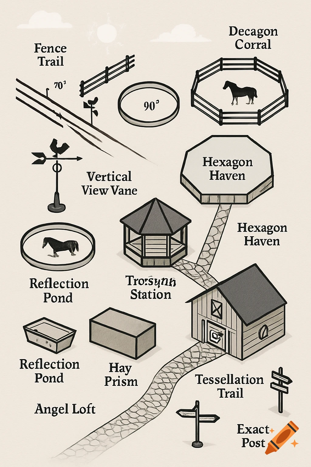 Isometric diagram showing a layout of farm structures and geometric ...