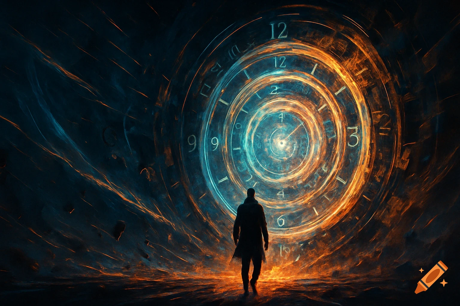 Silhouette figure stands before a swirling light vortex with clock ...