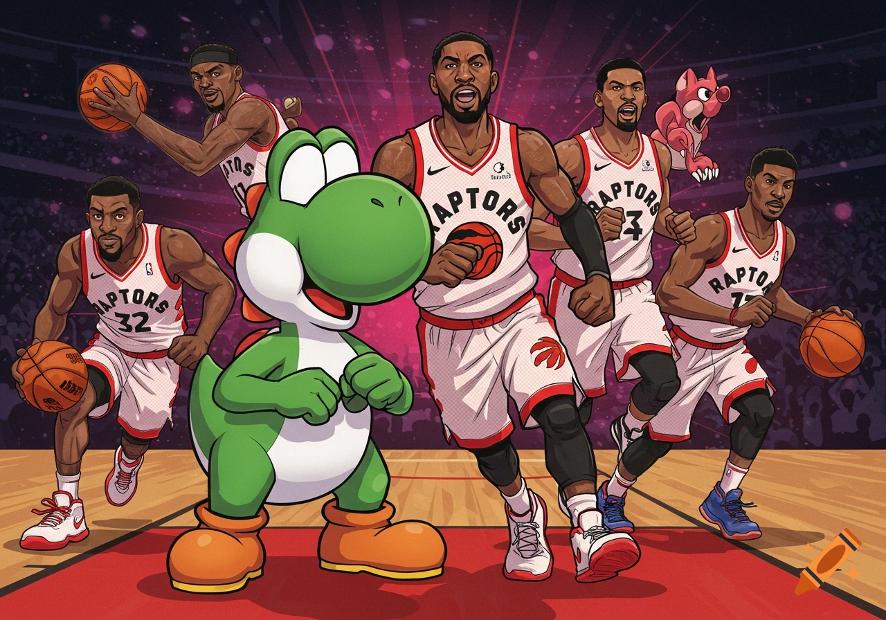 Illustration of Yoshi on a basketball court with several players in ...