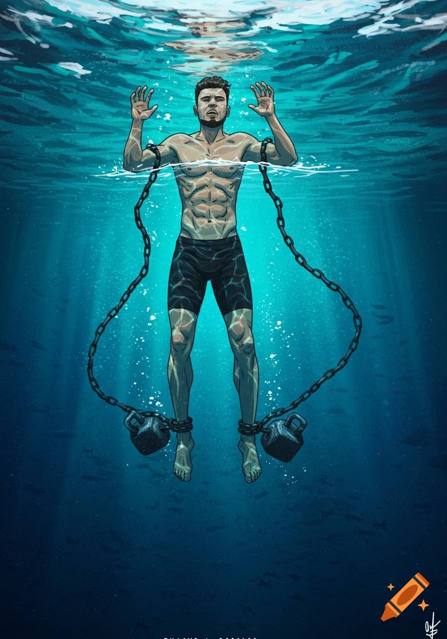 Illustration of a muscular man chained to weights, submerged in water ...