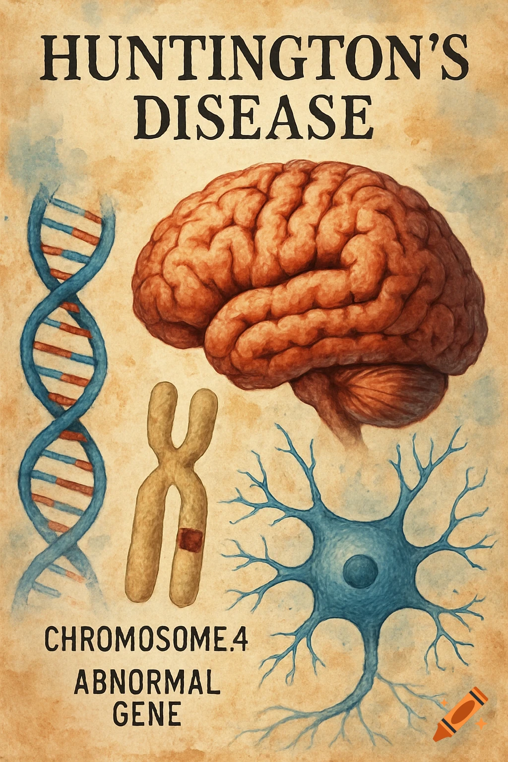 Watercolor illustration showing a brain, DNA helix, chromosome, and ...