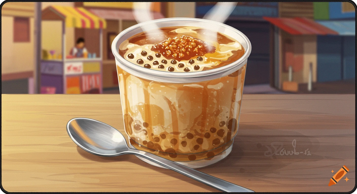 An anime-style illustration of a cup of taho with a spoon on a wooden ...