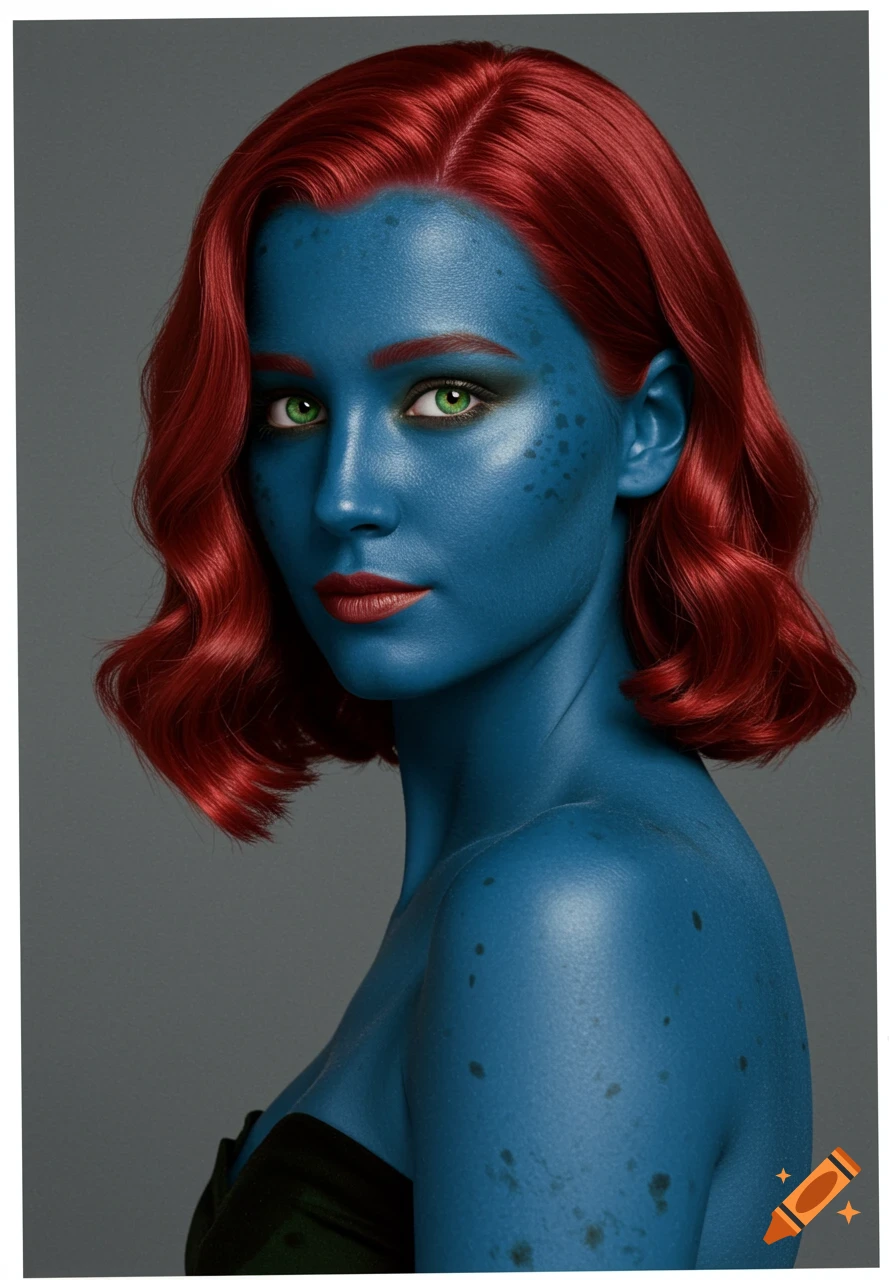Portrait of a blue-skinned woman with red hair and green eyes on Craiyon