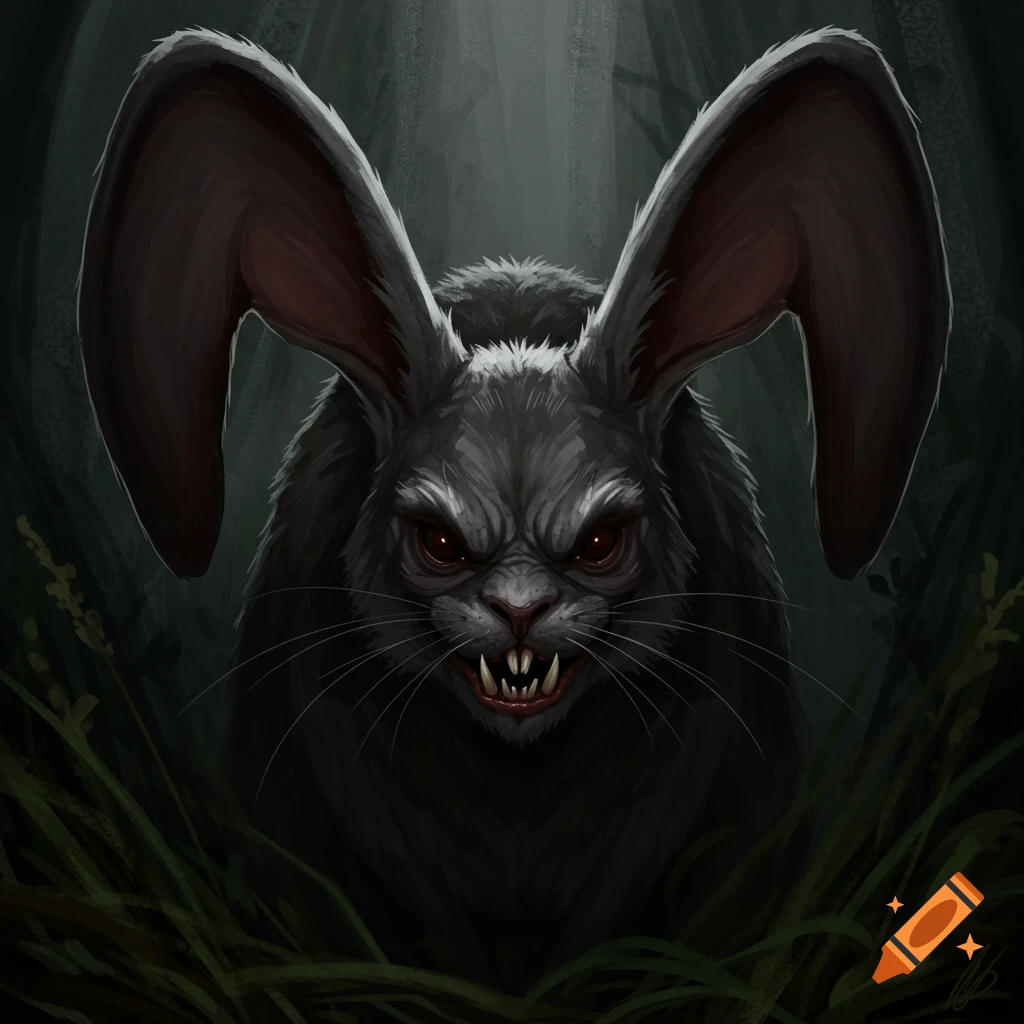 A vicious dark rabbit with glowing red eyes and large ears sits in tall ...