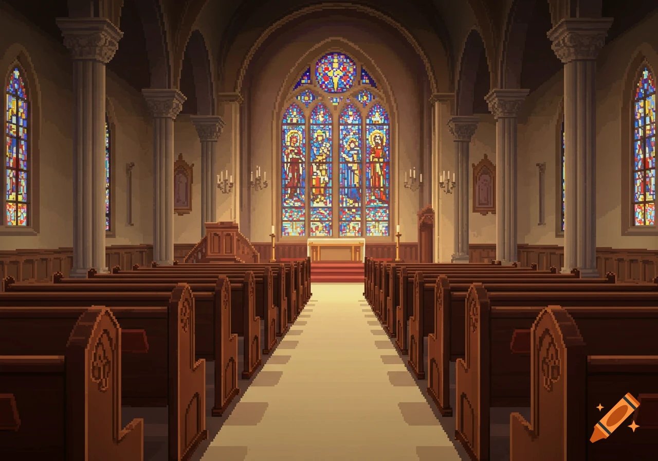 Pixel art interior of a church, looking down the aisle at pews, stained ...