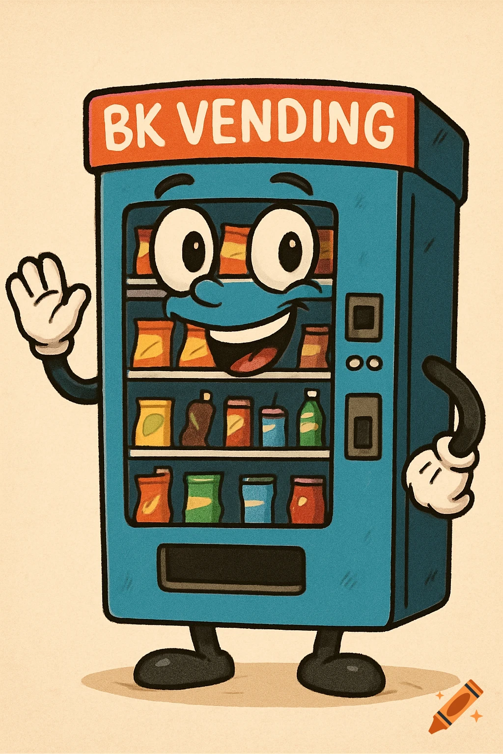 Cartoon vending machine character with face, arms, and legs, waving. on ...