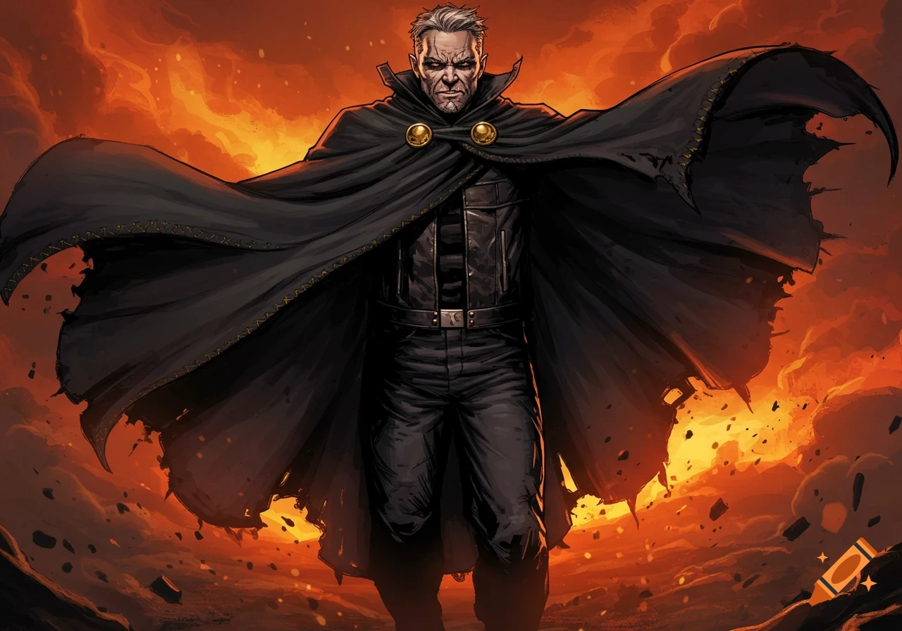 A stylized illustration of a man in a black cape standing against a ...