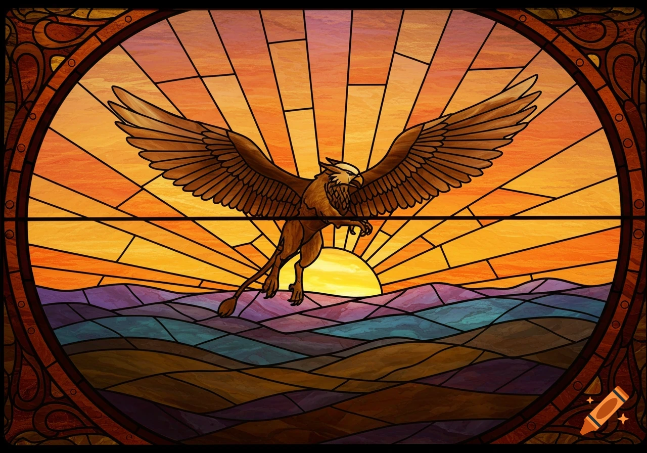 Stained glass window of a griffin flying over mountains at sunrise. on ...