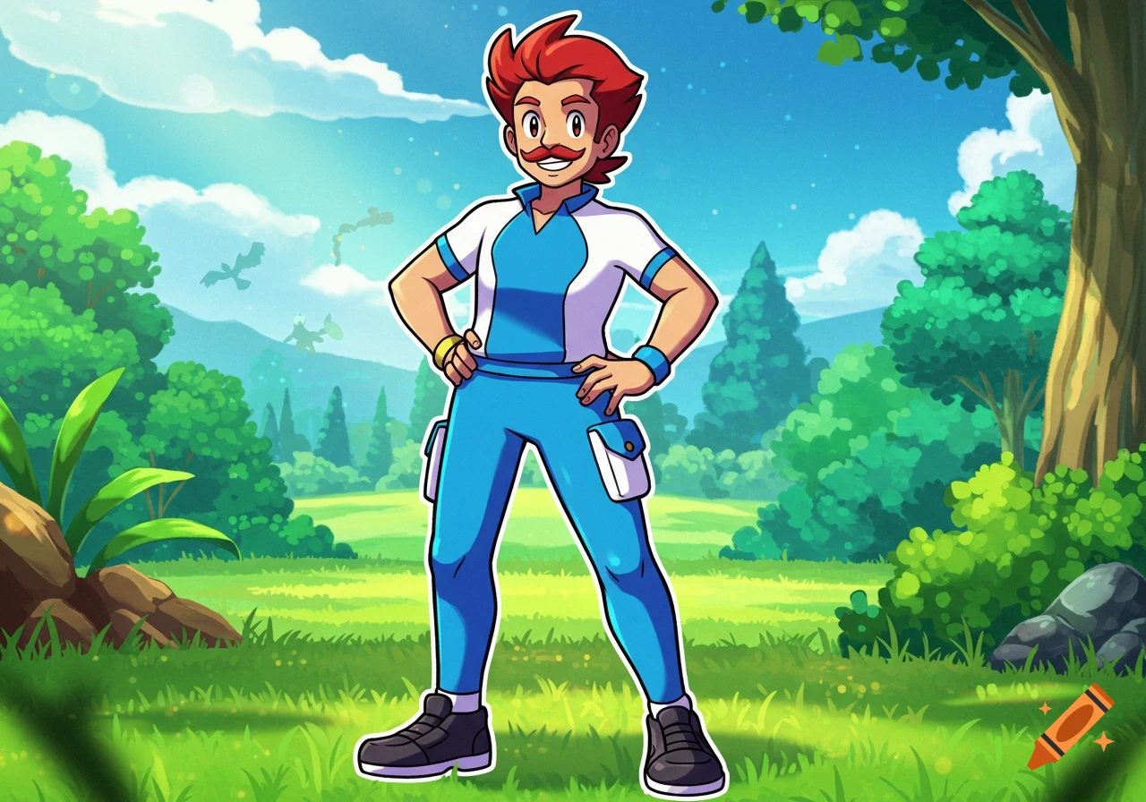 A cartoon pokemon trainer with red hair and a mustache stands in a ...