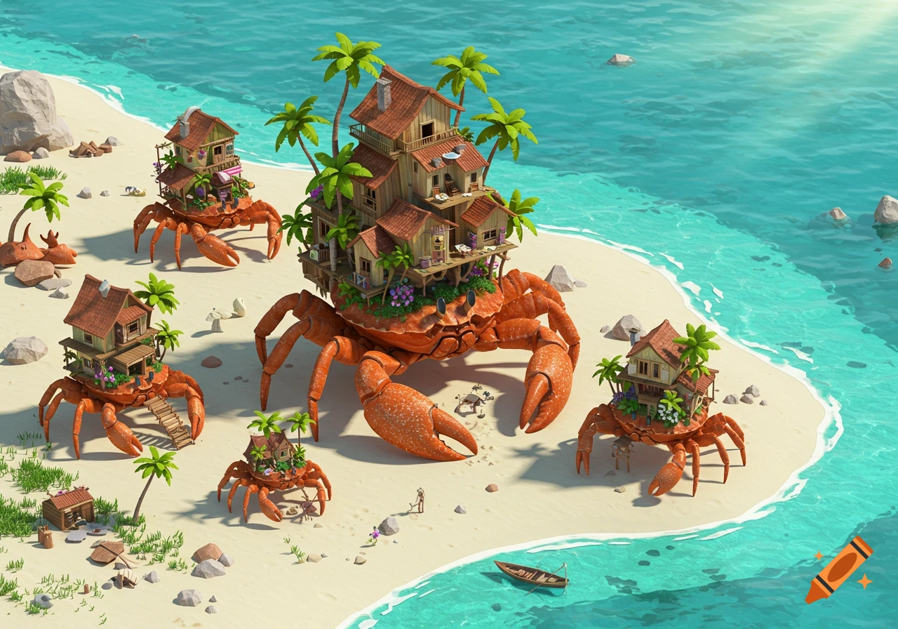Giant crabs carry houses on their shells on a sunny tropical beach with ...