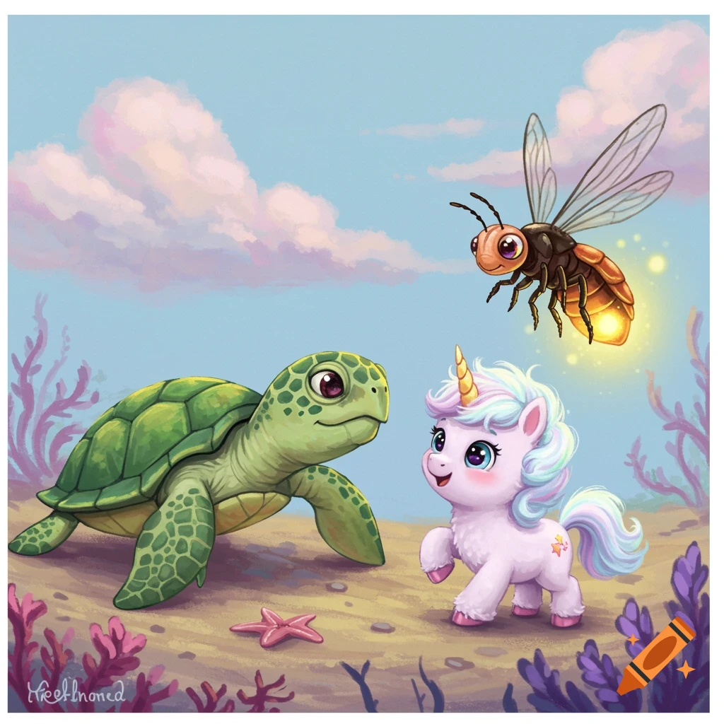 Cartoon sea turtle and baby unicorn on a sandy seabed with a firefly ...