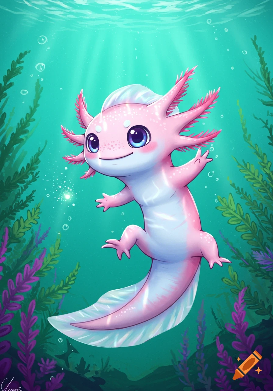 A cute pink axolotl swims underwater among green and purple plants in a ...