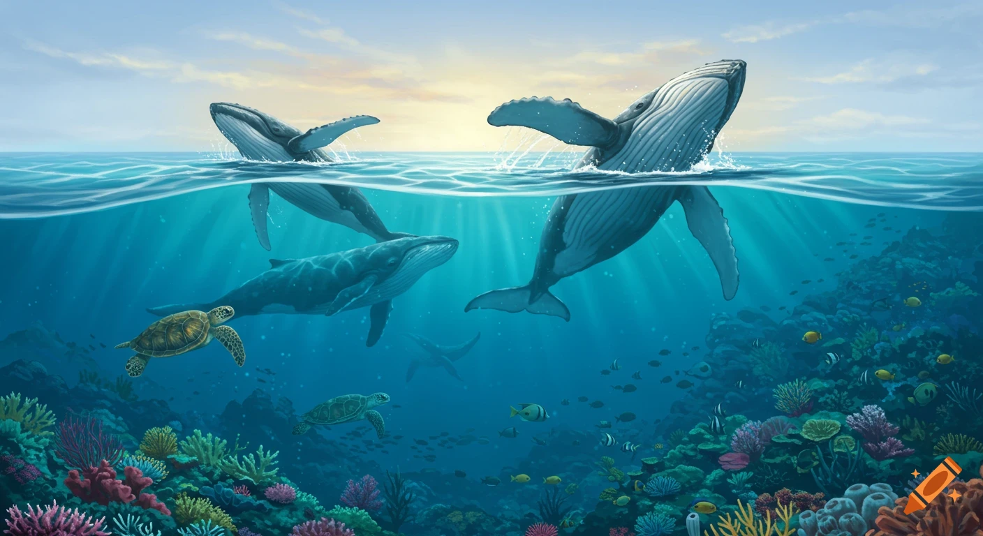 Whales and turtles swim in a clear ocean over a coral reef, with whales ...
