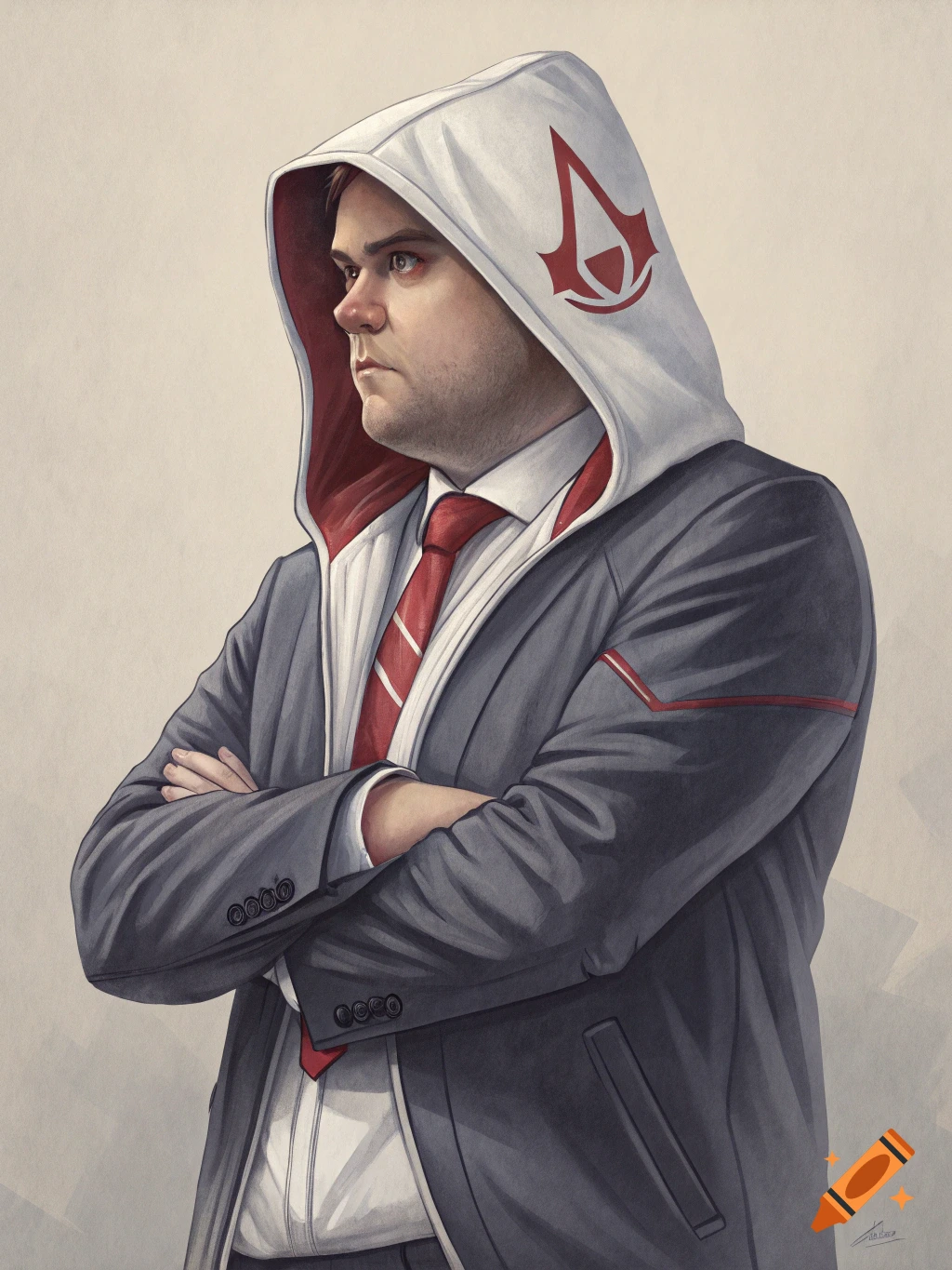 Portrait of a man in a suit and Assassin's Creed hood with arms crossed ...