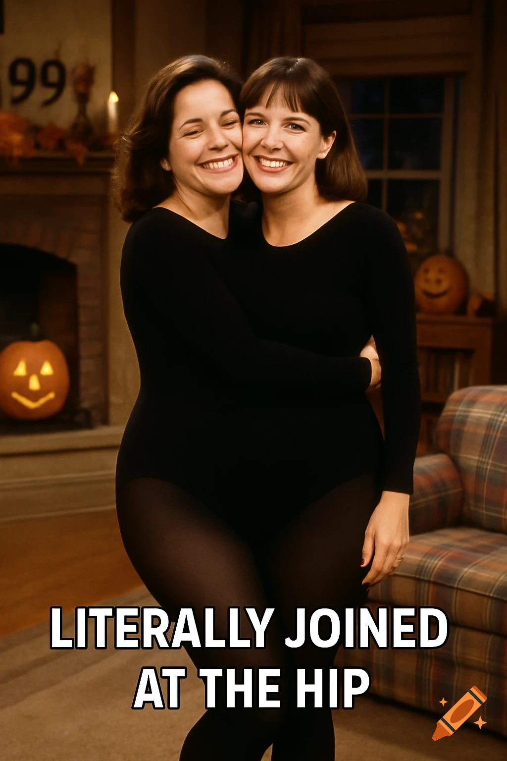 Two women in black leotards hug to appear as one person with two heads ...