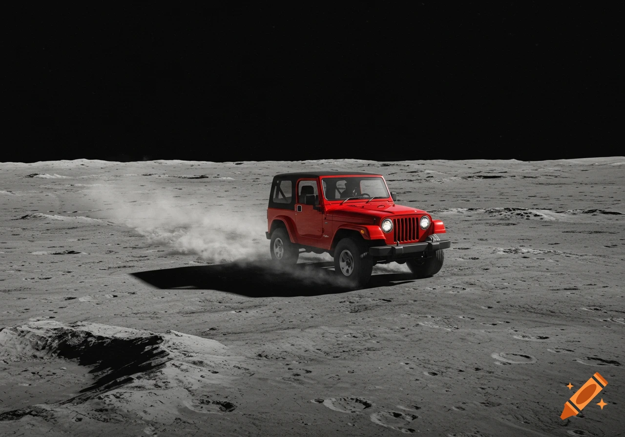 A red Jeep drives across the surface of the moon, kicking up dust. on ...