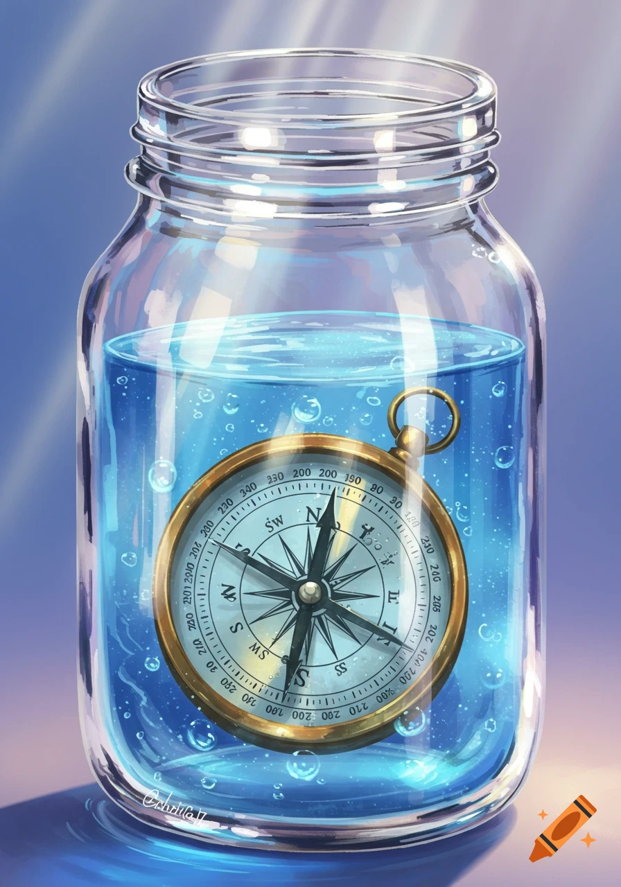 A detailed digital illustration of a compass submerged in a glass jar ...