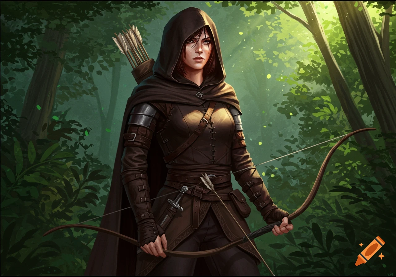 A hooded female ranger with a longbow stands in a sunny forest. Digital ...