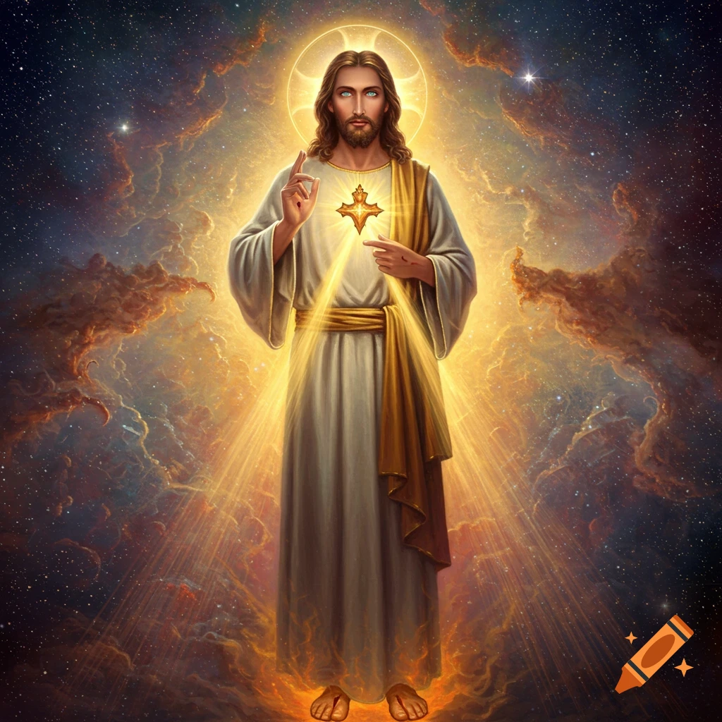 Jesus stands in glowing light against a starry sky with clouds on Craiyon