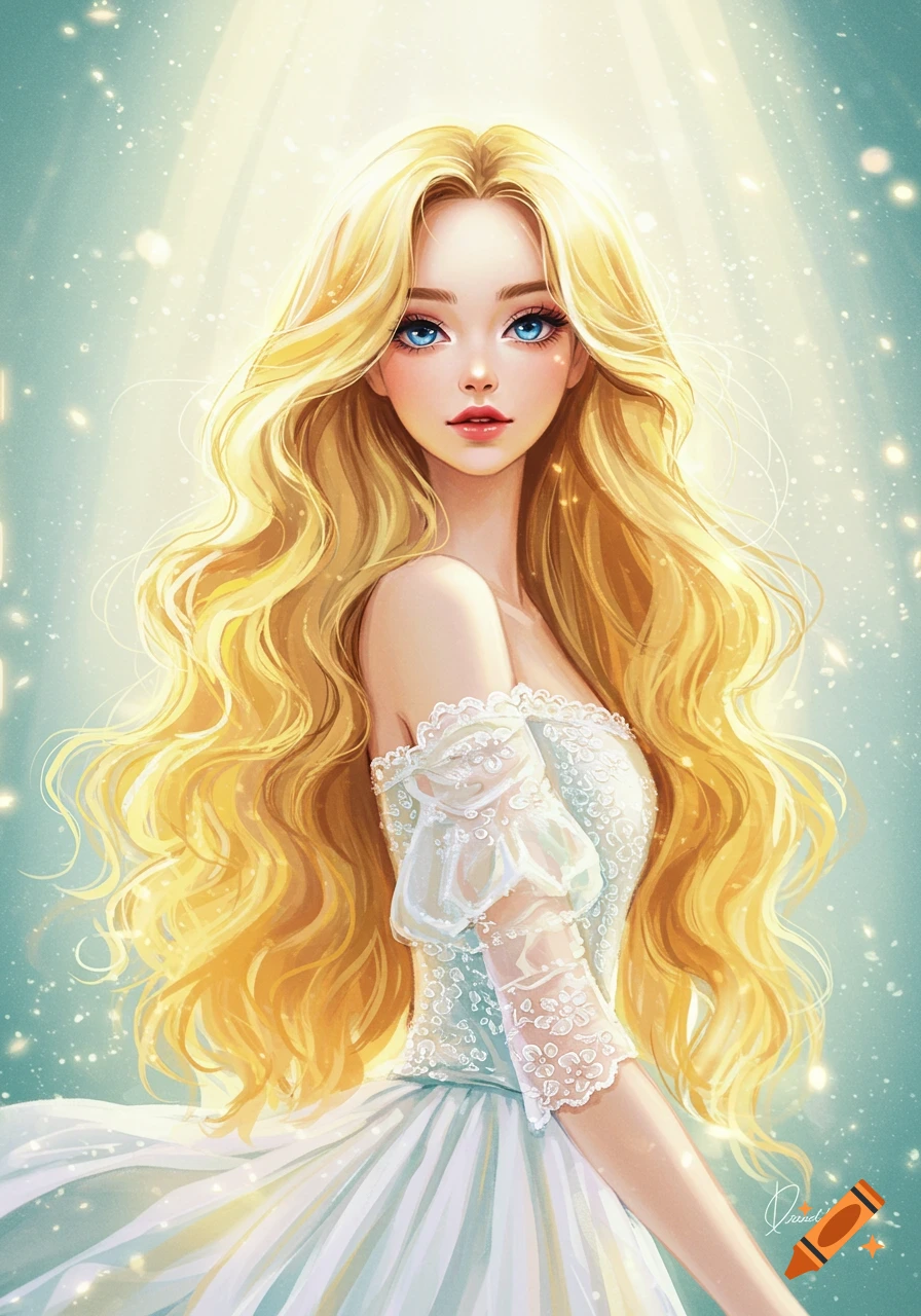 Illustration of a blonde woman in a white dress with sparkling light ...
