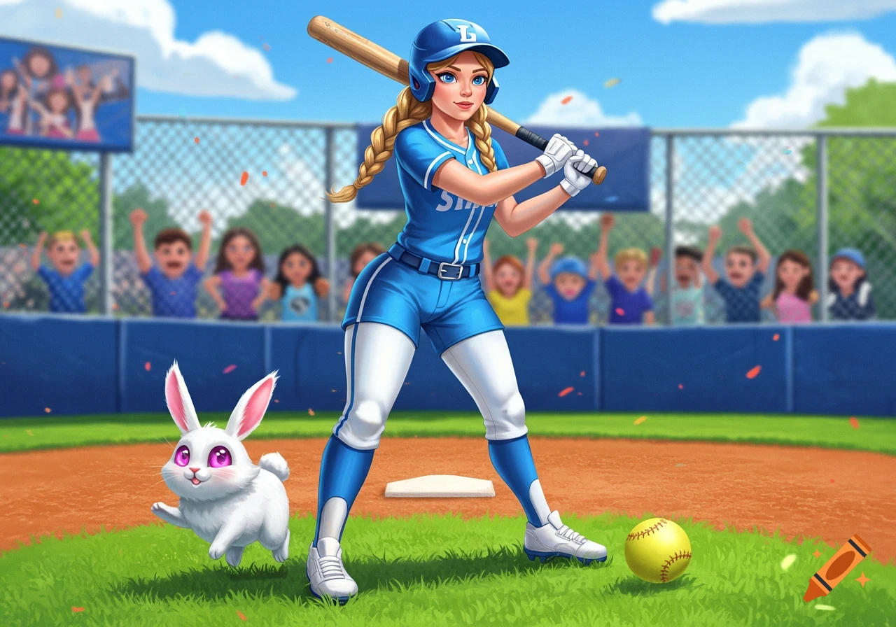 Cartoon softball player with a bat on a field with a rabbit and crowd ...