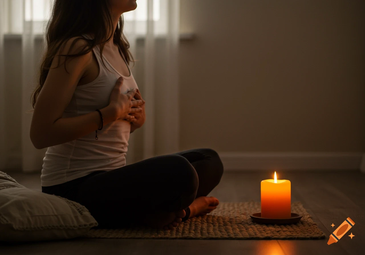Woman meditating with hands over heart near a flickering candle on Craiyon