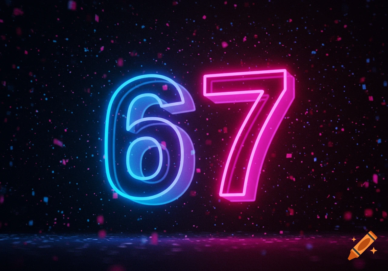 The number 67 rendered in neon blue and pink lights against a dark ...