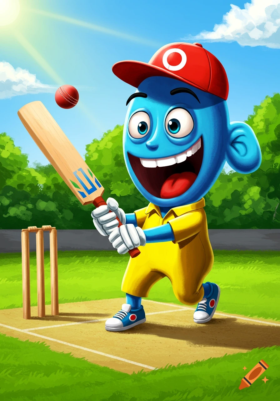 A blue cartoon character in a yellow cricket outfit and red cap bats a ...
