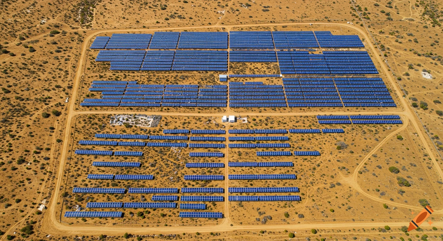 Aerial view of a large solar farm in a dry landscape. on Craiyon