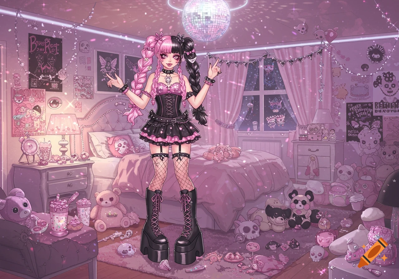 A pastel goth anime girl with pink and black hair stands in a sparkly ...