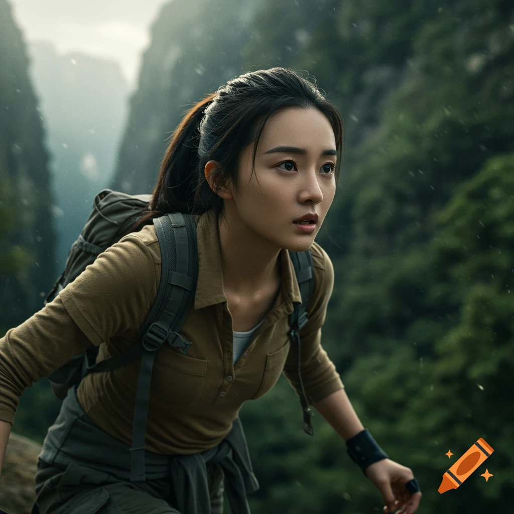 A determined-looking woman with a backpack hikes through misty mountain terrain. on Craiyon