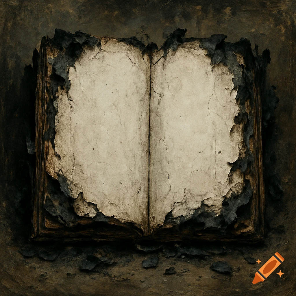 An open, old book with burnt and destroyed edges on blank pages. on Craiyon