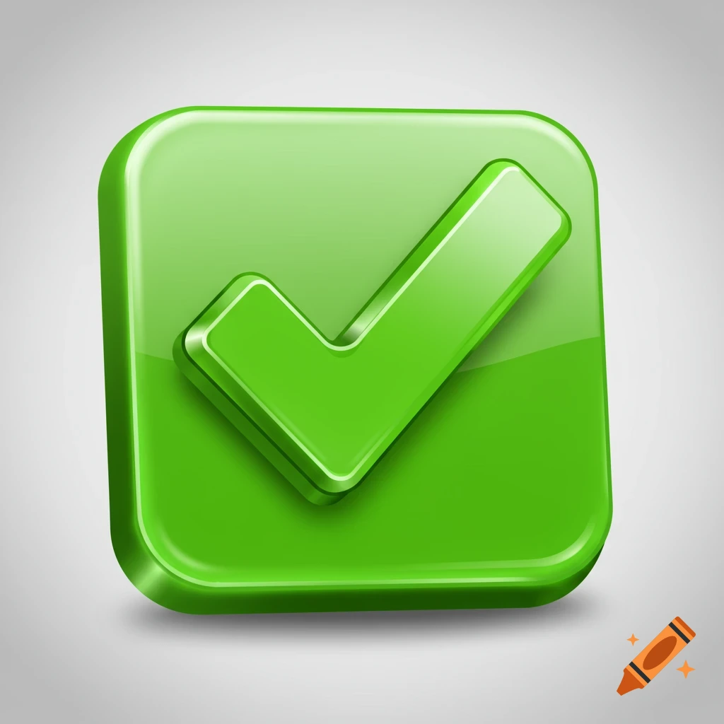 A glossy green checkmark button icon. on Craiyon