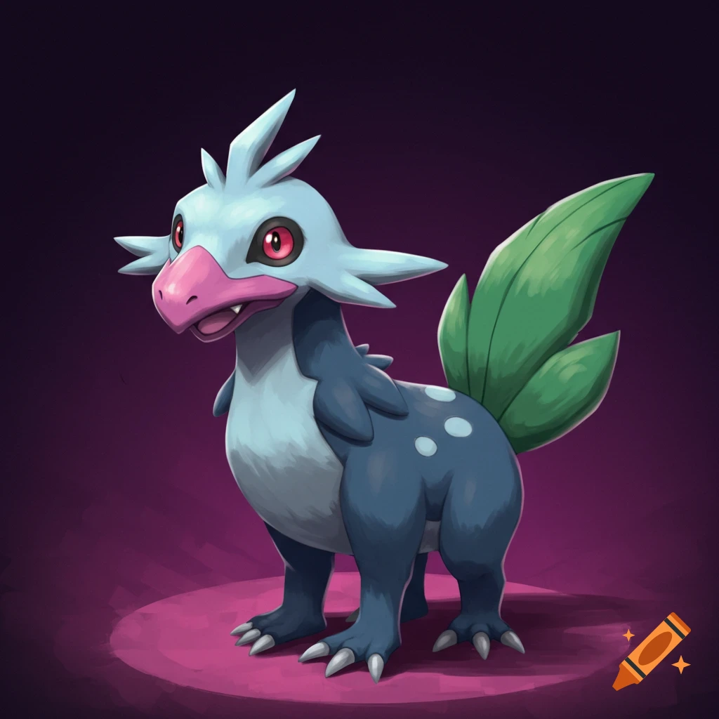 An illustration of a blue and light blue creature with a pink beak and ...