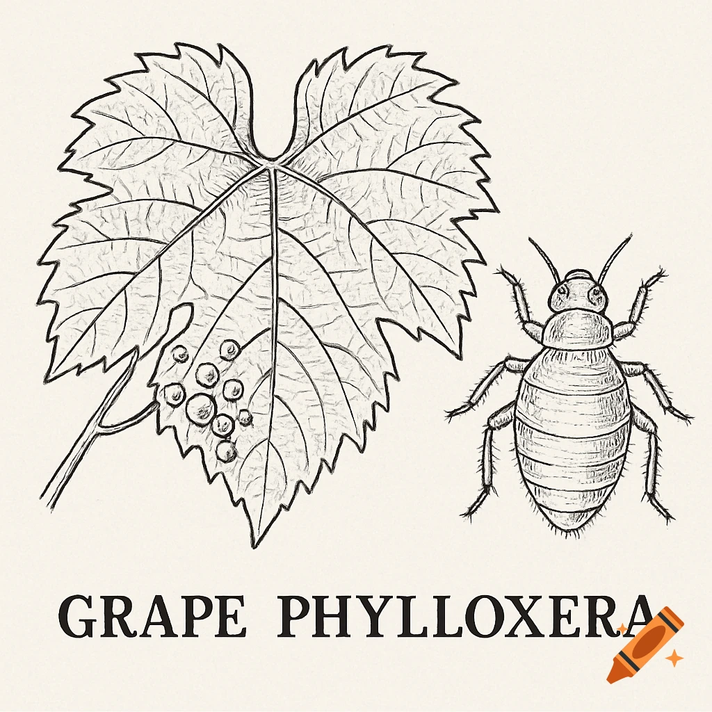 Line drawing of a grape leaf with galls and a phylloxera insect, with ...