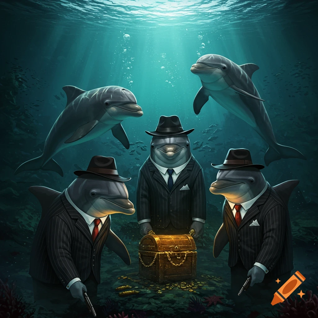 Anthropomorphic dolphins in suits stand around a treasure chest on the ...