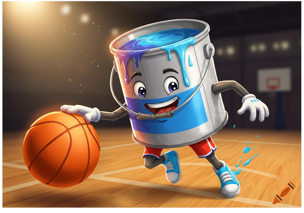 A cartoon paint bucket character dribbling a basketball on a court. on ...
