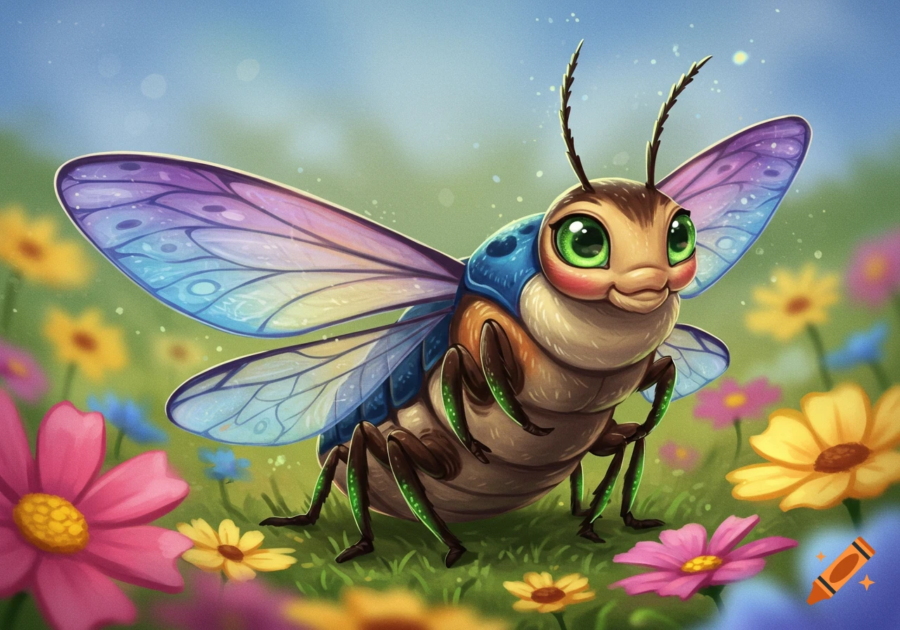 A cute bug with big green eyes and colorful wings sits in a field of ...