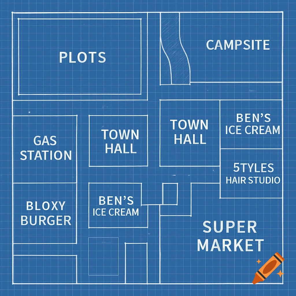 Blueprint map of a town layout with labeled areas on Craiyon