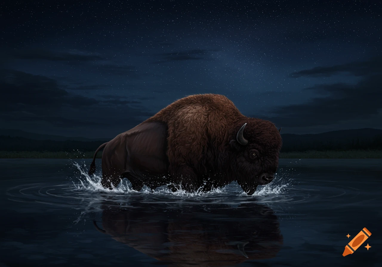 A large buffalo emerges from a dark lake at night under a starry sky ...