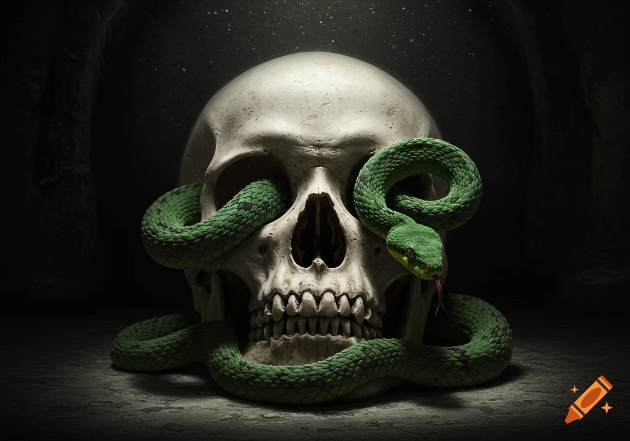 A skull with a green snake crawling through its eye sockets in a dark ...