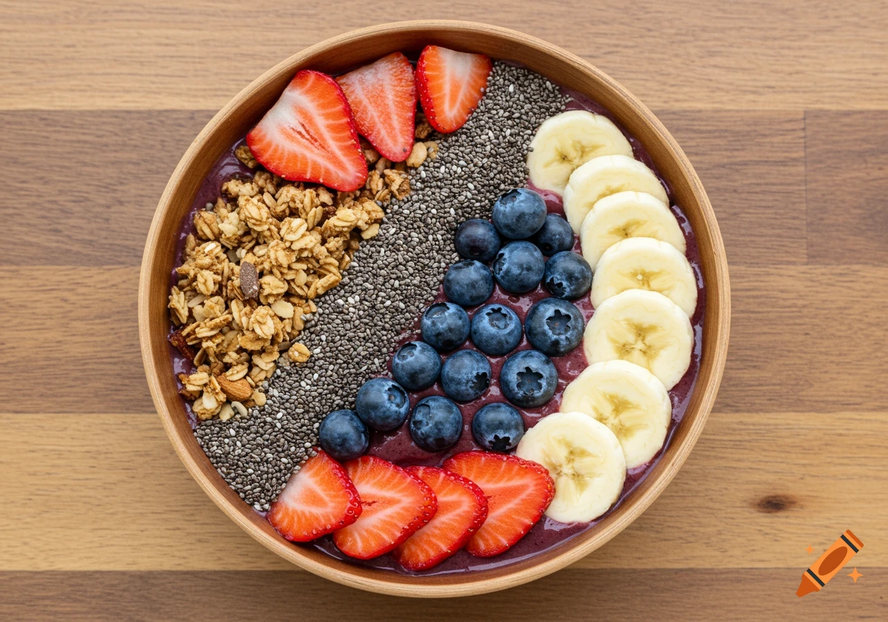 Acai or smoothie bowl with granola, chia seeds, blueberries ...