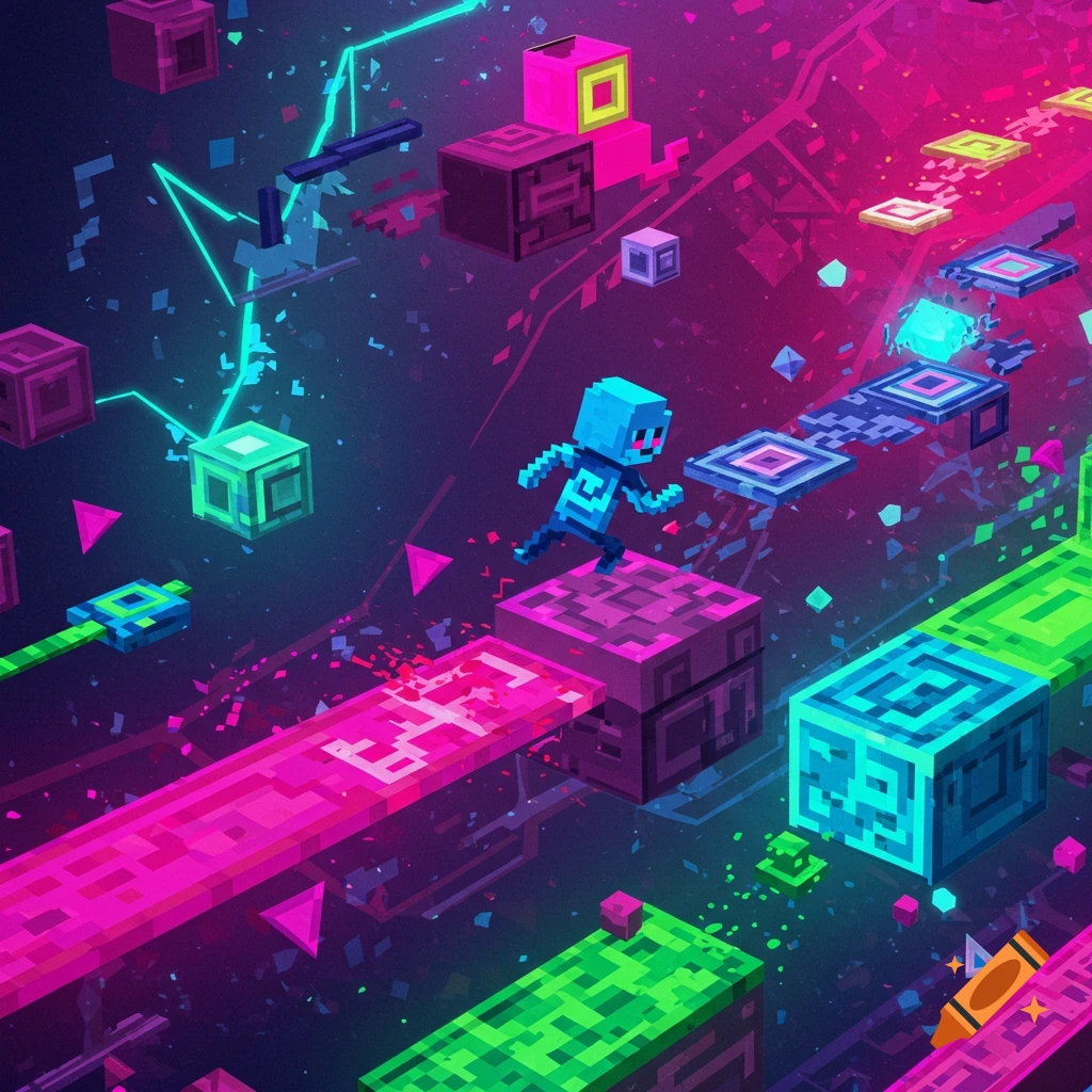Pixel character runs on colorful block platforms in a neon abstract ...