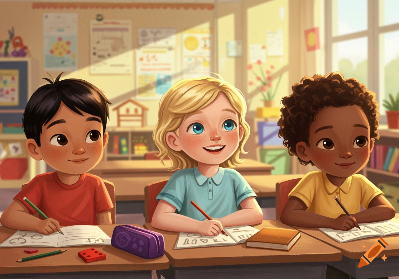 Cartoon illustration of three diverse children smiling and writing at ...