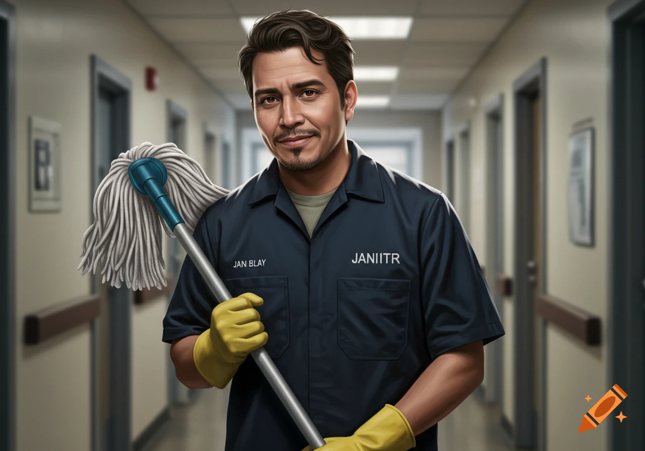 Man in a janitor uniform holding a mop in a hallway. on Craiyon