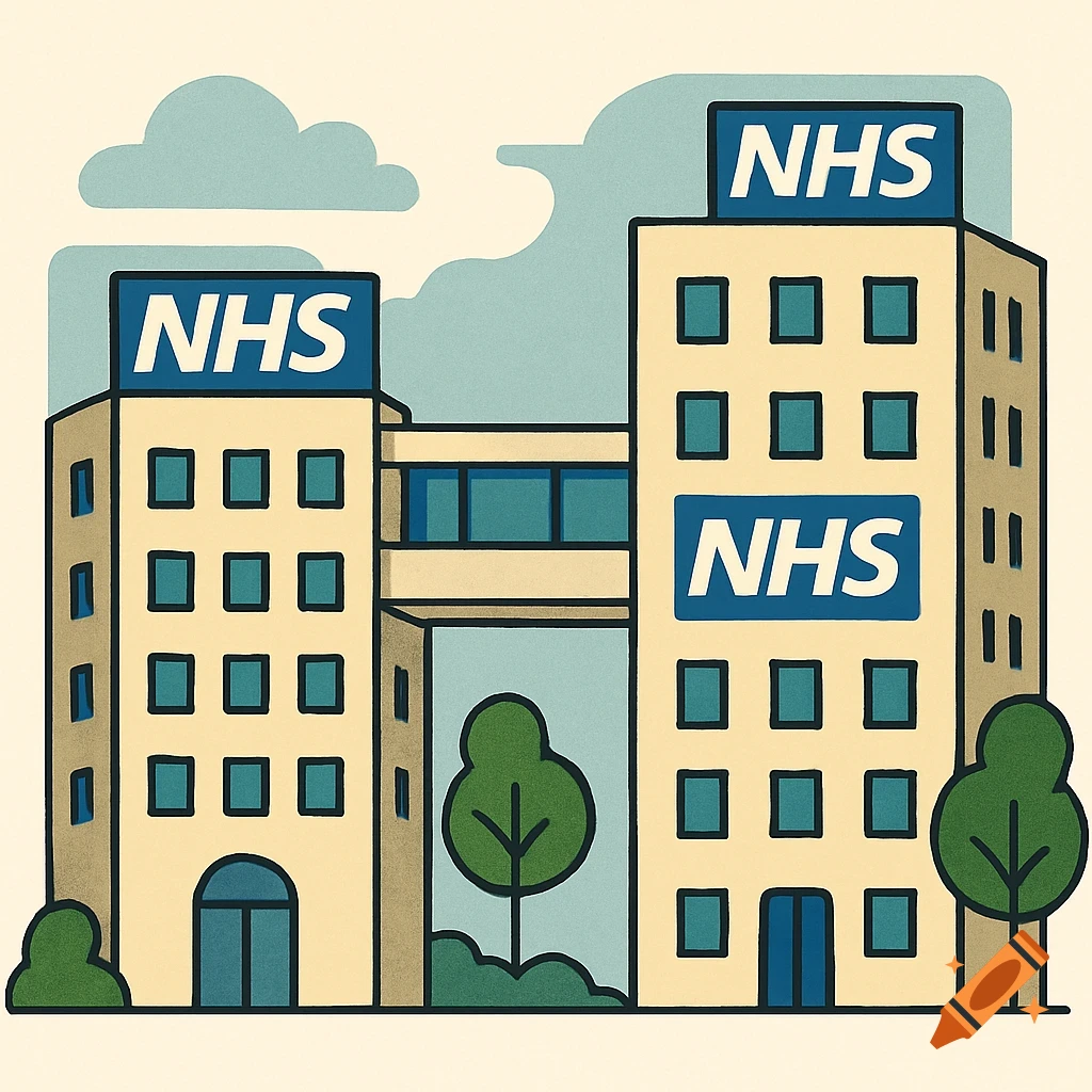 Stylized illustration of two NHS buildings connected by a walkway. on ...