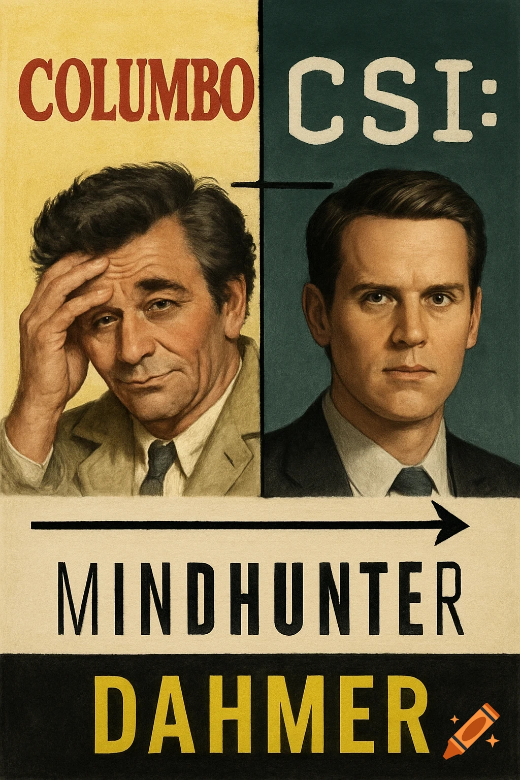 Split screen illustration of Columbo and Mindhunter characters with ...