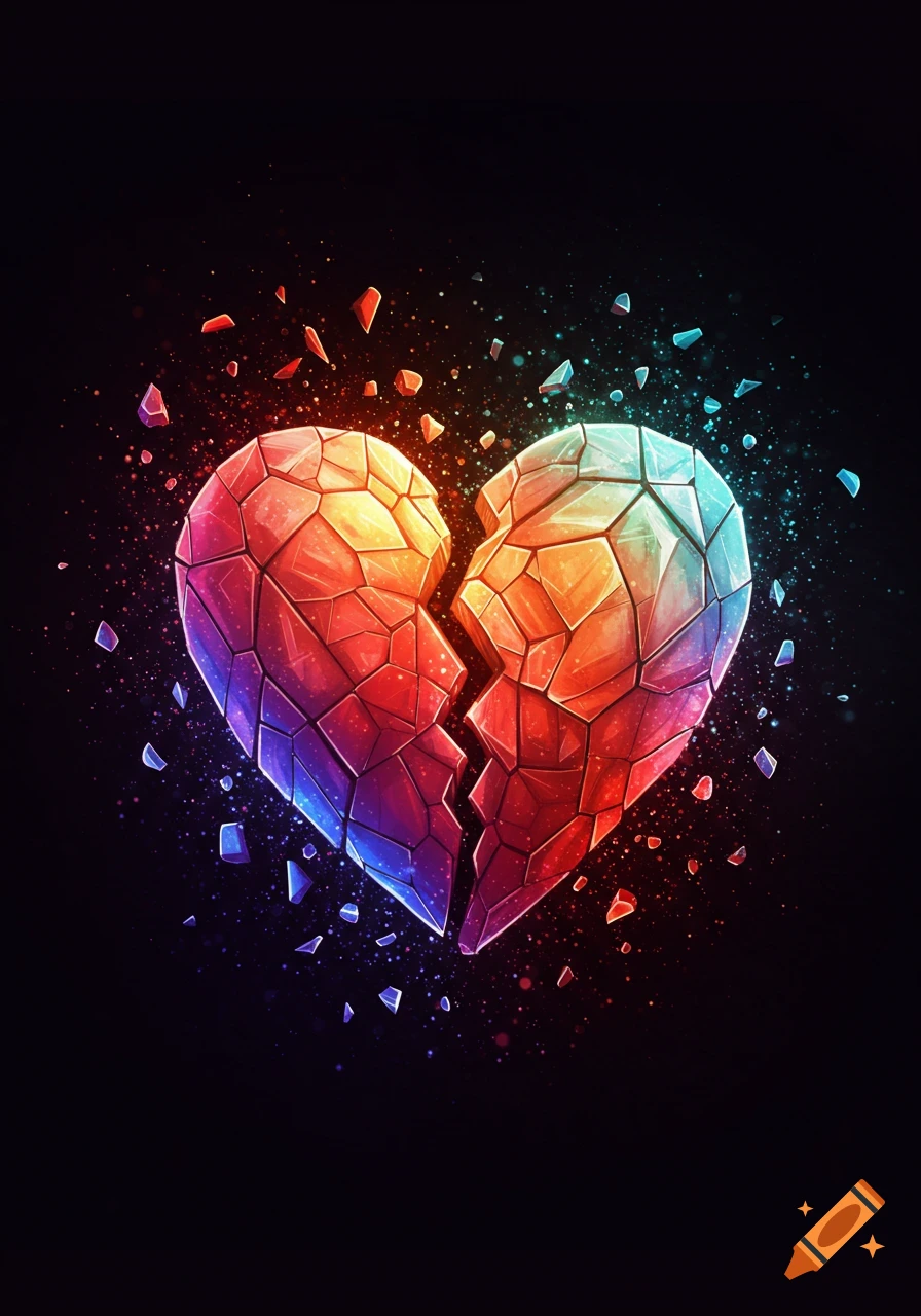 Abstract broken heart made of colorful geometric shards against a dark ...