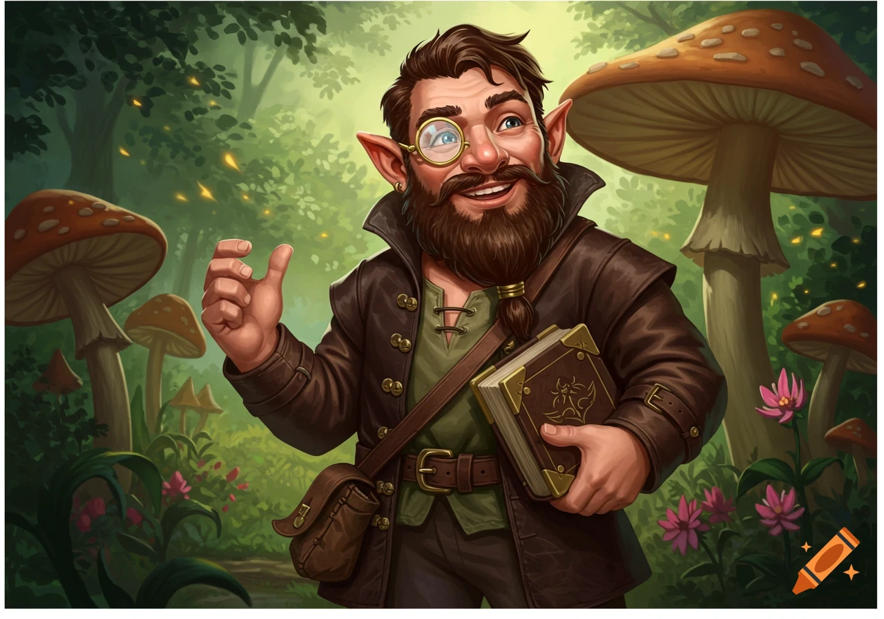 Fantasy illustration of a male gnome with a monocle, holding a book in ...