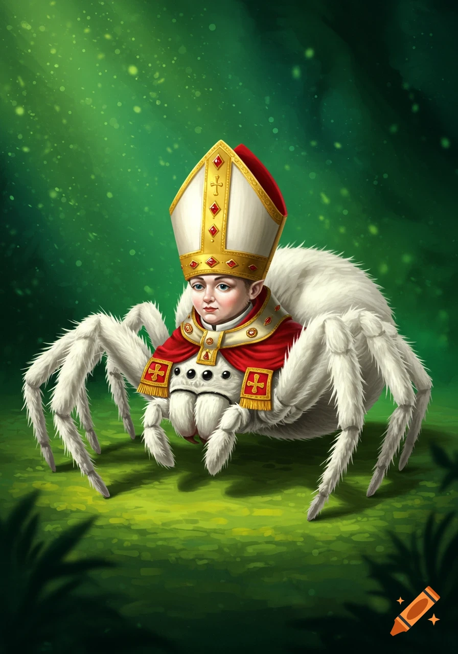 Digital painting of a fuzzy white spider with a human face wearing a ...